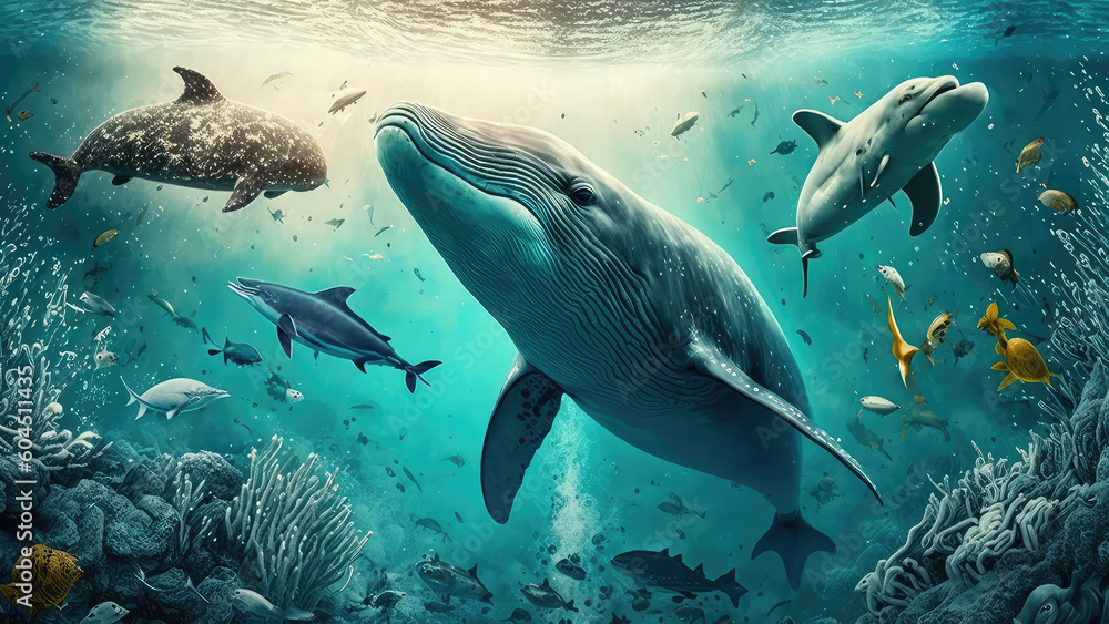 Animals of the underwater sea world. Ecosystem. Colorful tropical whale ...