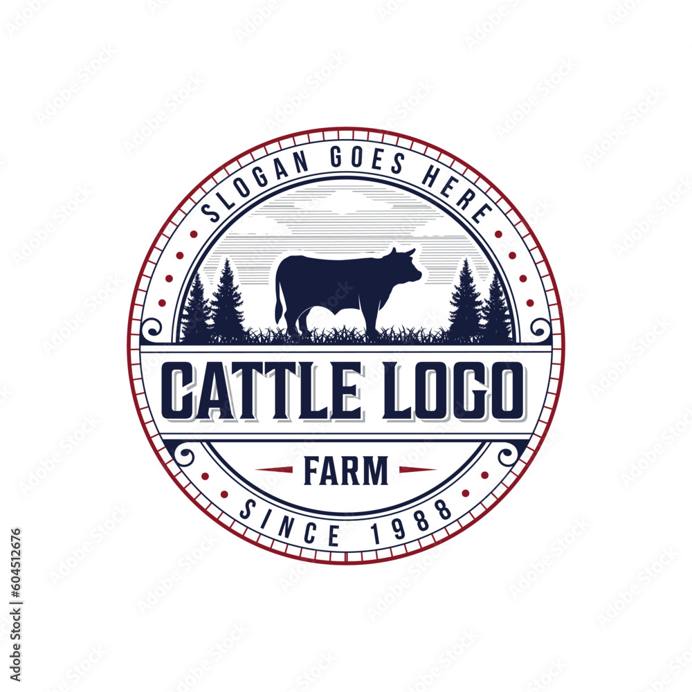 Livestock, Cattle, cow farm vector illustration classic retro vintage ...