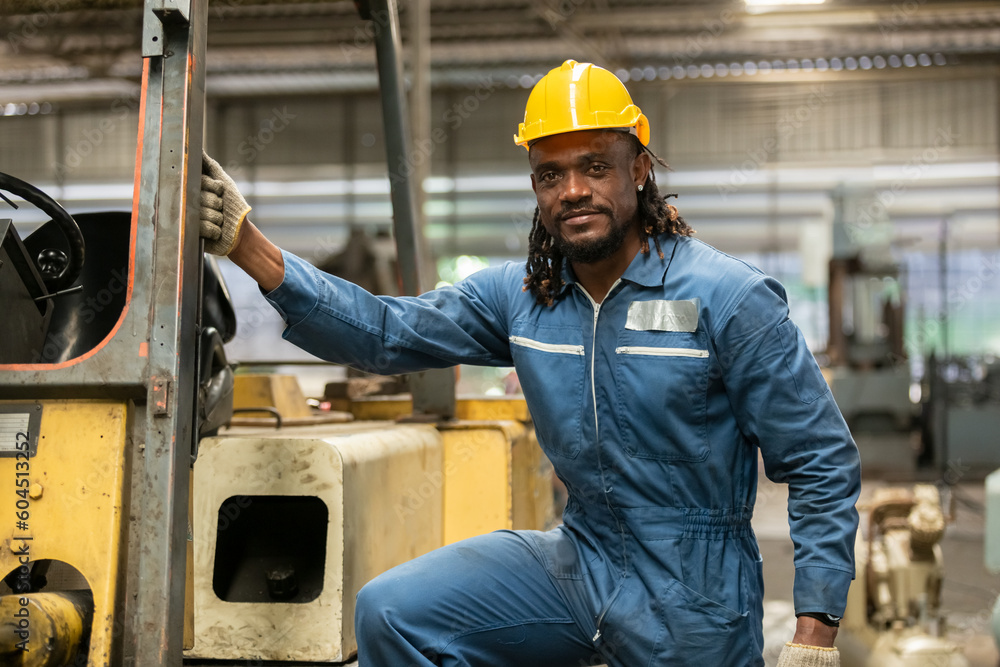 African american worker man wear safety helmet driver forklift ...