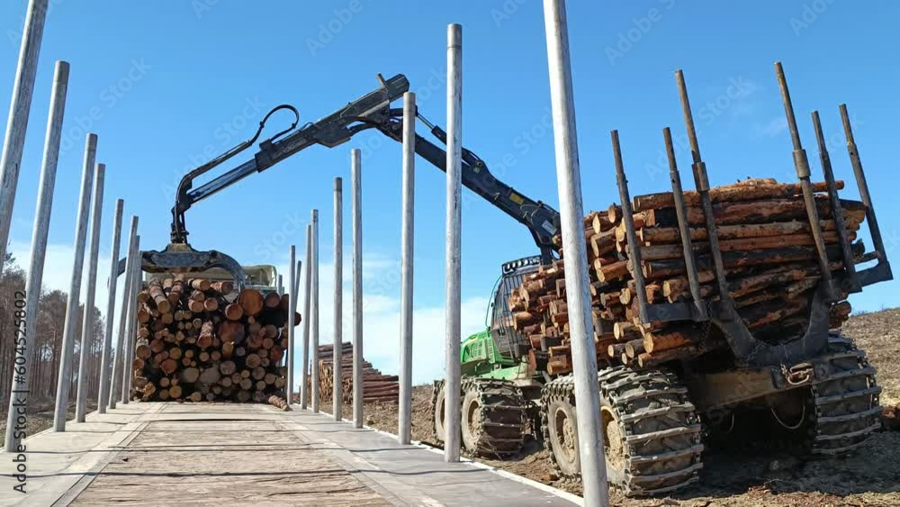 Carga de camión en explotación maderera con troncos cortados y talados ...
