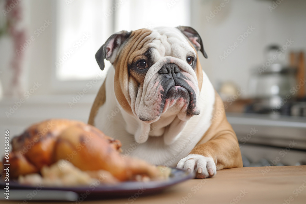 English Bulldog dog siiting in front of kitchen table with roasted ...