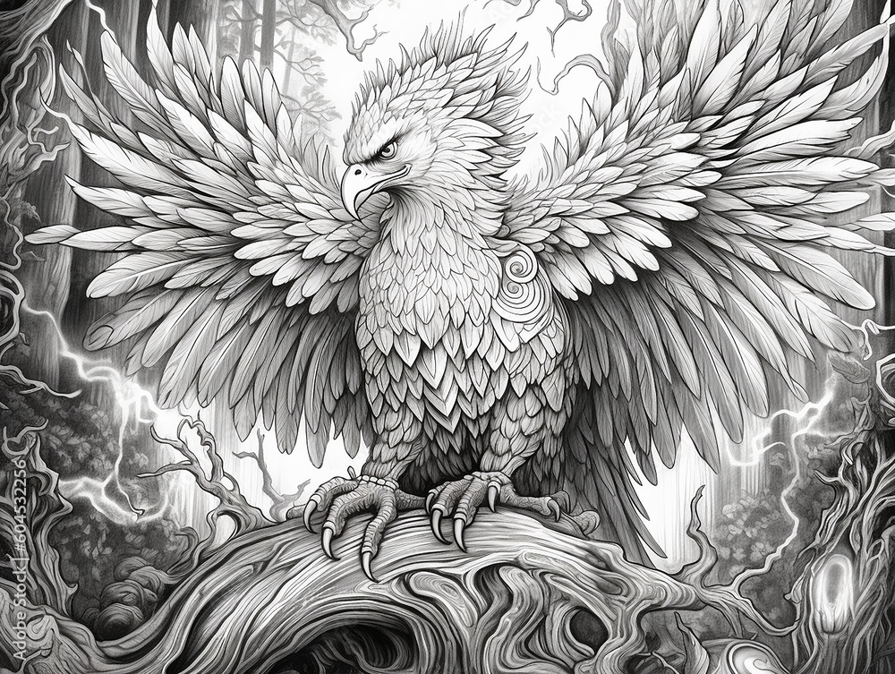 Oloring page for adults, strong mythological monster phoenix, strange ...