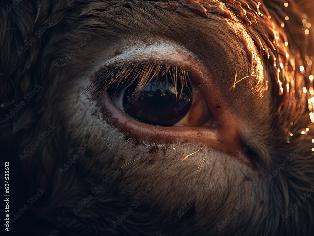 Calf eye close-up. Beautiful eye of a farm animal with long eyelashes ...