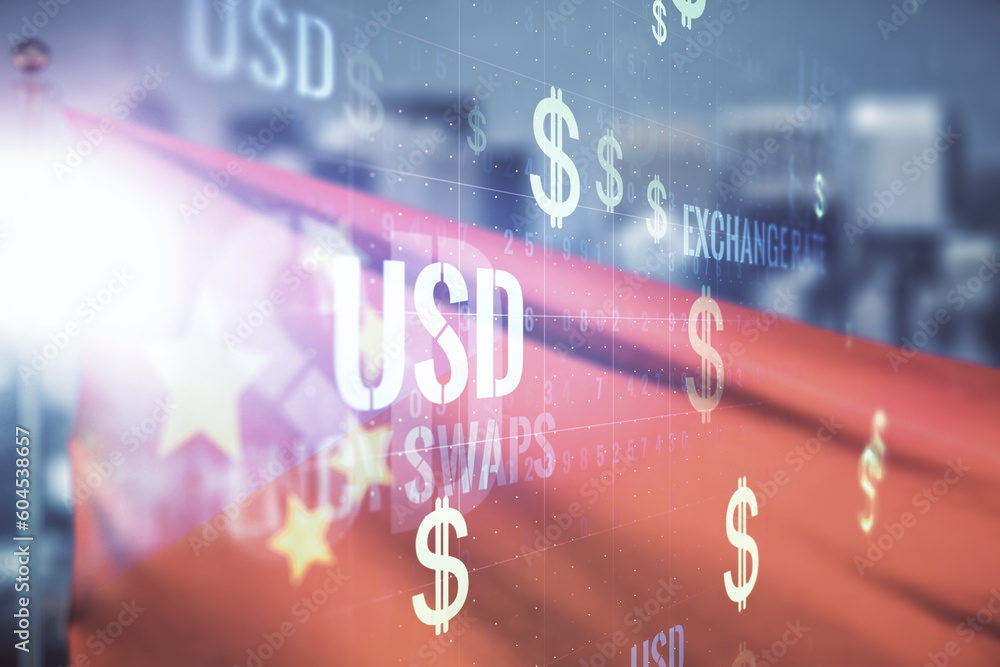 Virtual USD symbols illustration on flag of China and blurry ...