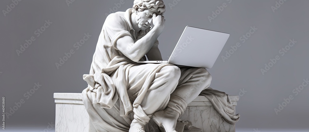 Proffesional image of a statue sitting and doing computer work ...