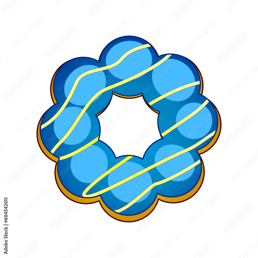 Blue mochi donut with yellow syrup stripes isolated with white ...