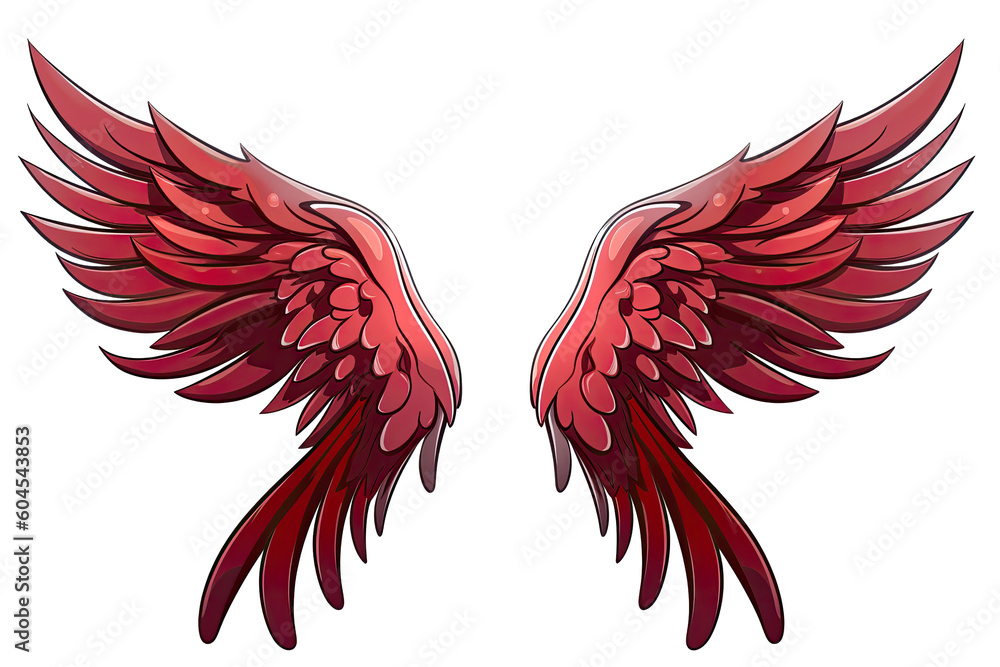 Red angel bird wings on transparent background, cartoon, sketch style ...