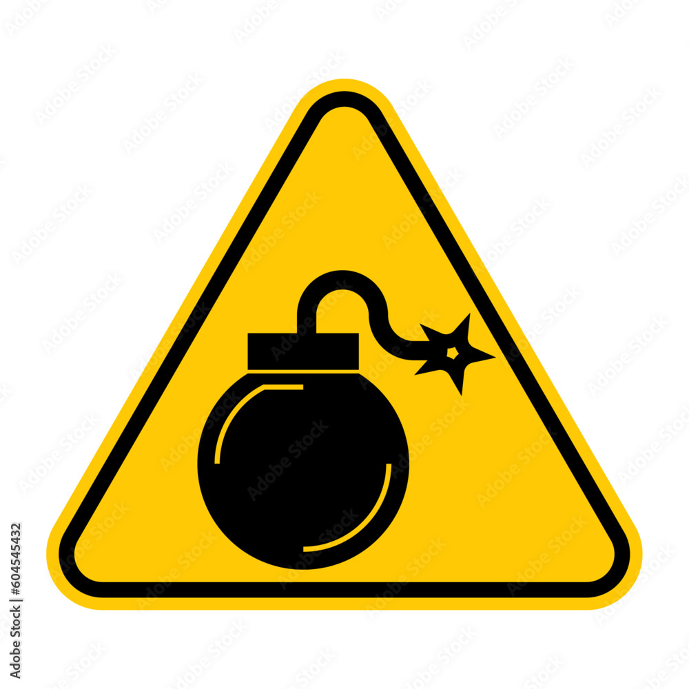 Bomb warning sign. Vector illustration of yellow triangle sign with ...
