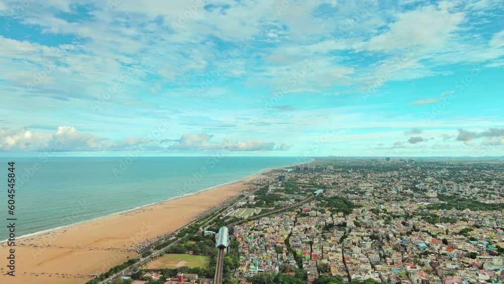Chennai: Aerial view of famous city in India, iconic Marina Beach and ...