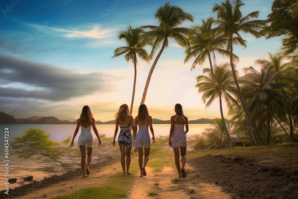 Girls in swimsuits on a path between coconut palms leading to a beach ...