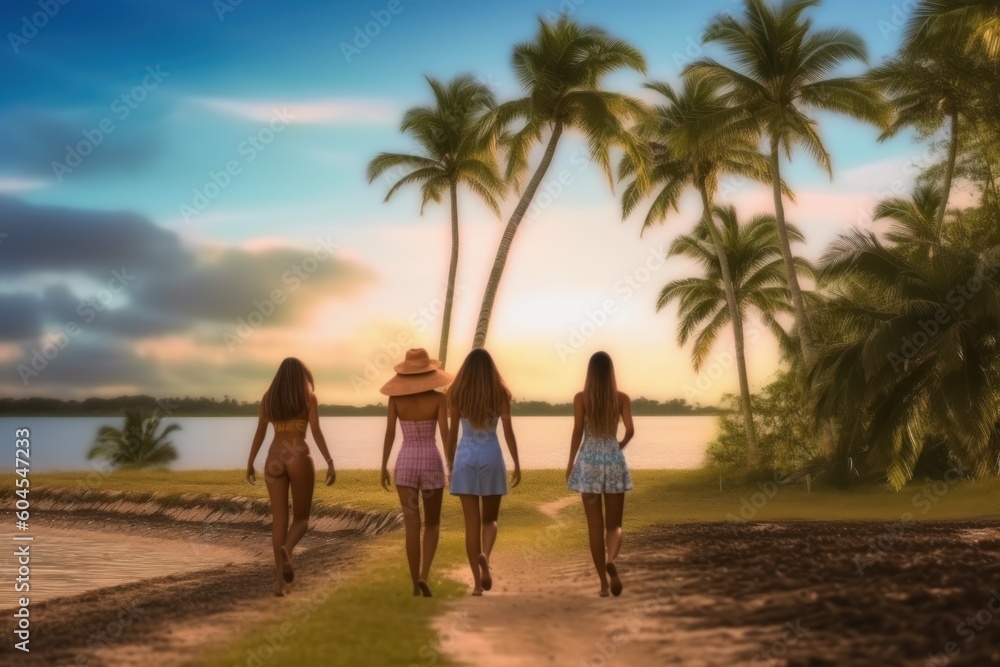 Girls in swimsuits on a path between coconut palms leading to a beach ...