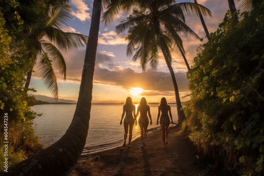 Girls in swimsuits on a path between coconut palms leading to a beach ...