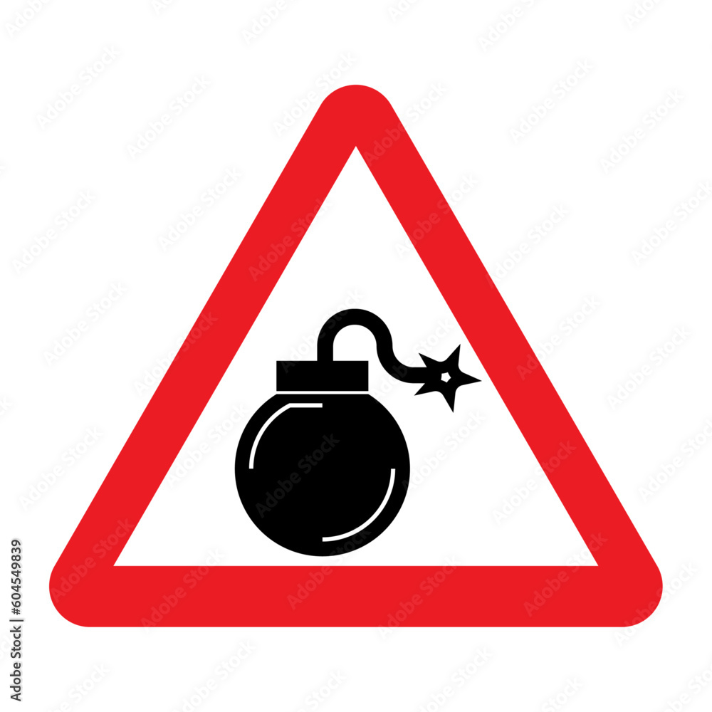 Bomb warning sign. Vector illustration of red triangle sign with fuse ...
