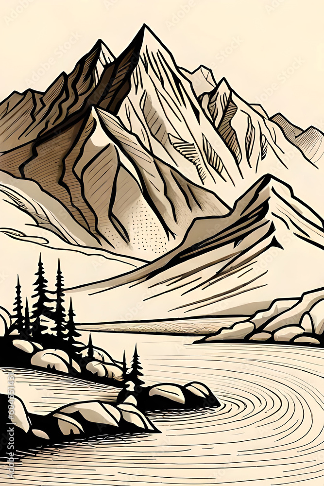 Cartoon mountain range drawing. AI generated illustration Stock ...
