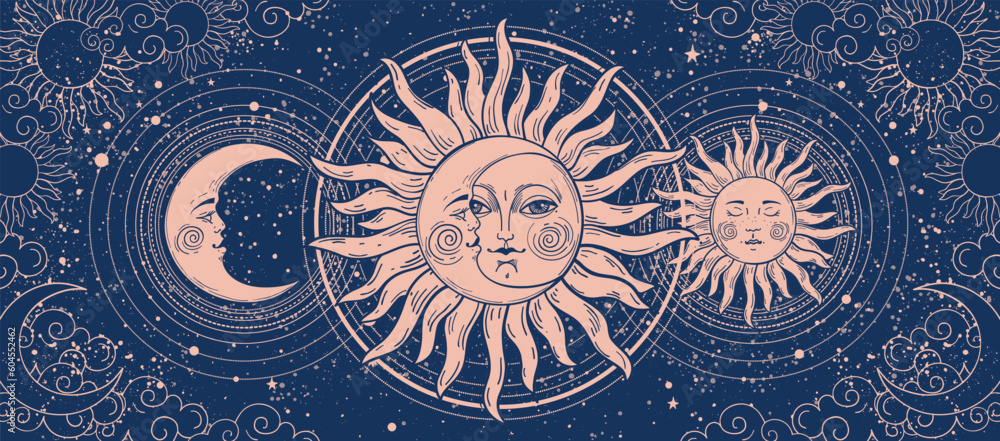Magic astrology banner, tarot background. Crescent moon and sun with a ...