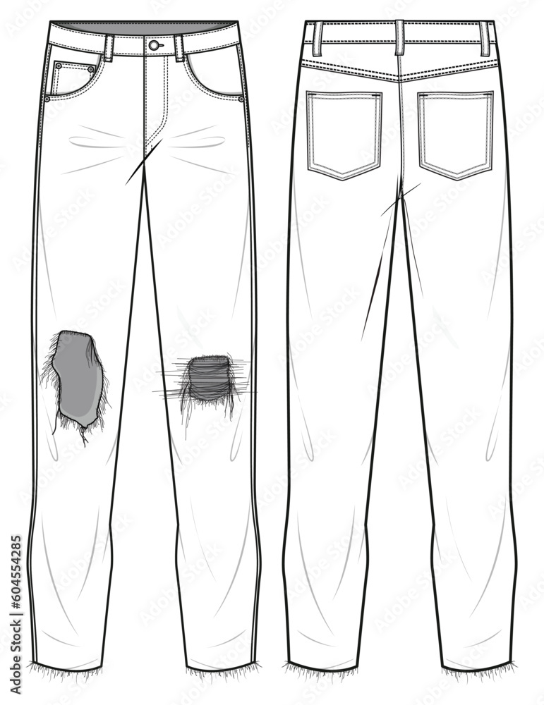 Patch Slim Fit Released Hem Denim, Ribbed Raw Hem Denim Front and Back ...