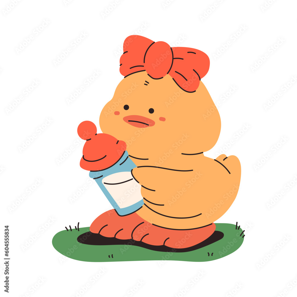 Cute little girl duck with milk bottle vector cartoon character ...
