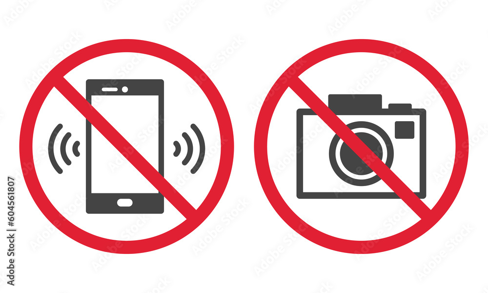 No photos, no phones poster. Forbidden pictogram. Red stop circle ...