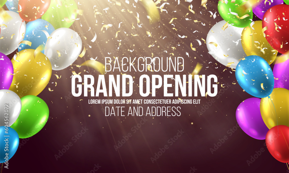 Grand opening. Banner with colorfil balloons and falling confetti ...