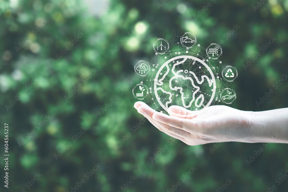 Hand holding drawing world with CO2 reducing ,Recycle ,green factory ...