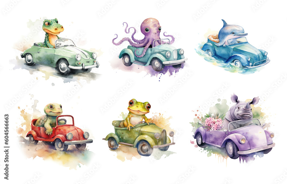 Set of cute watercolor animals on cars. Crocodile, octopus, dolphin ...