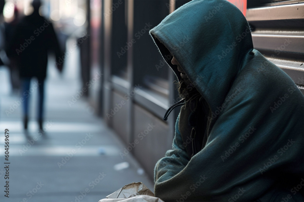 Homeless person in hood sitting on street. Generative AI illustration ...