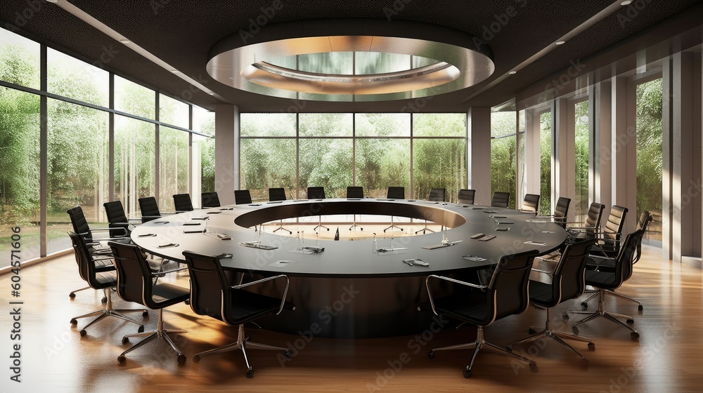 office room interior with a round meeting table and empty chairs Stock ...