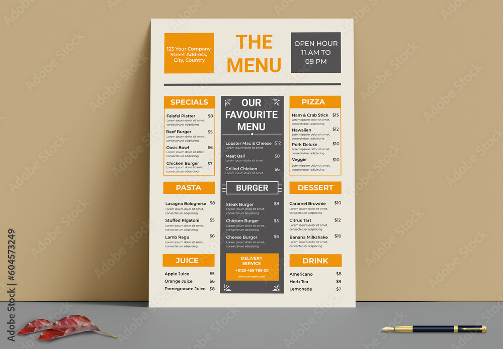 Food Menu With Yellow Theme Based Layout Stock Template | Adobe Stock