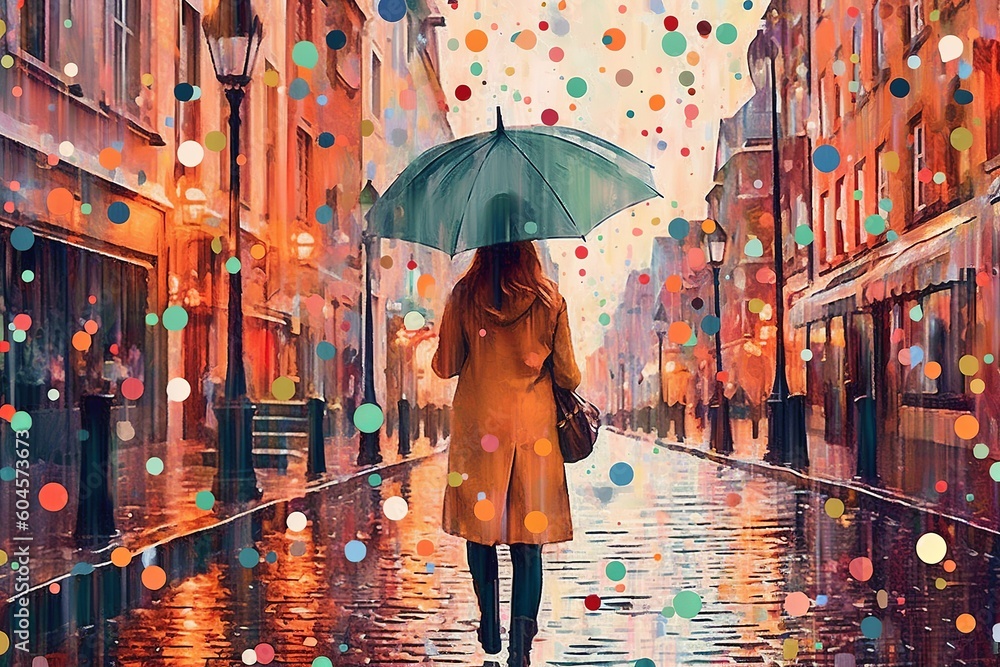 An illustration depicting a woman gracefully walking down a vibrant ...