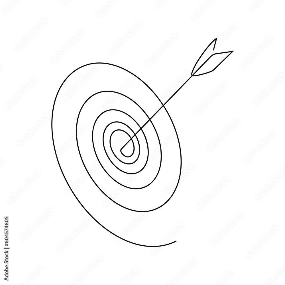 Darts game. Arrow hitting target center of dartboard. Line continuous ...