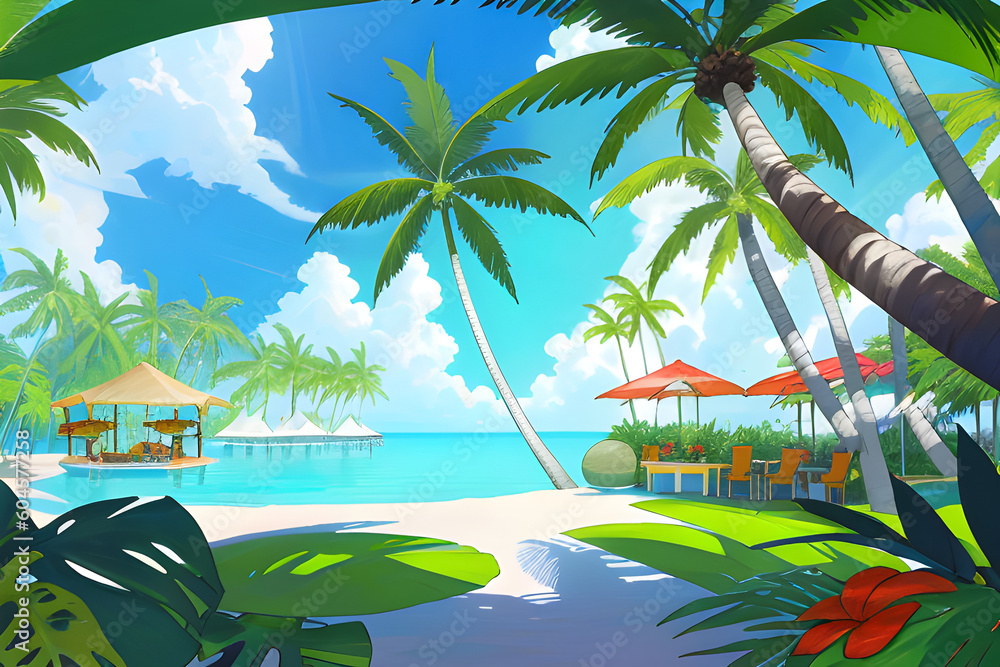cartoon illustration of tropical island, sea, beach, resort, palm trees ...