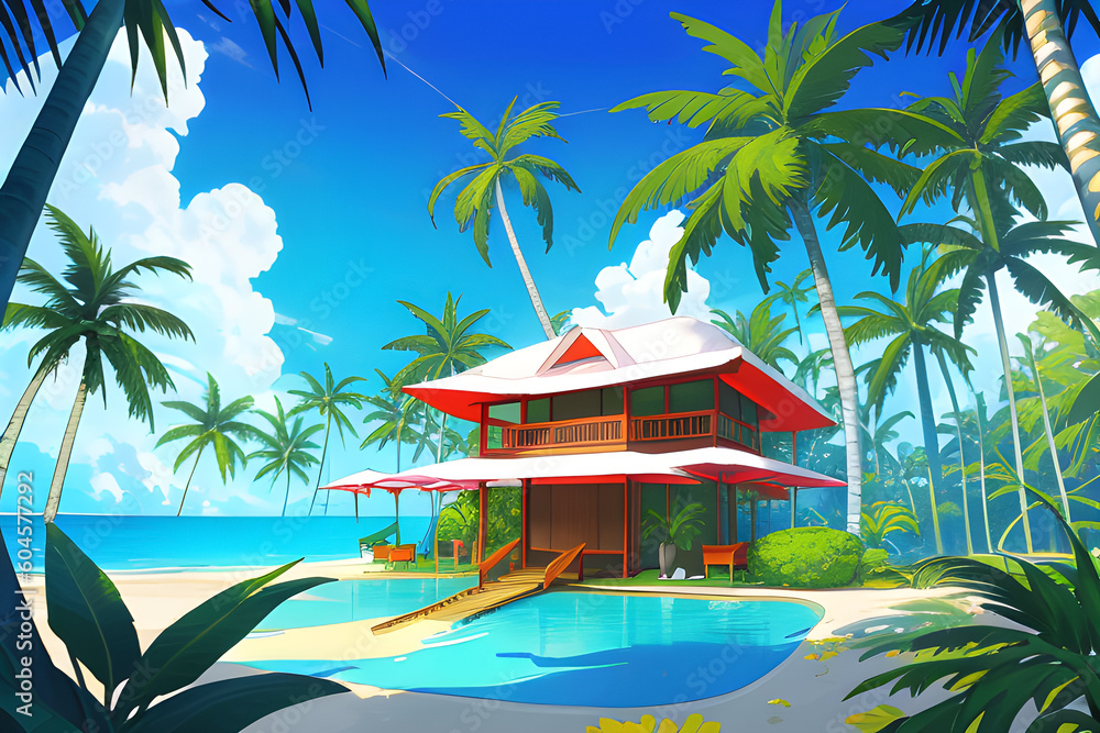 cartoon illustration of tropical island, sea, beach, resort, palm trees ...