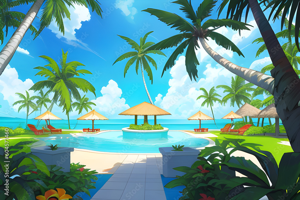 cartoon illustration of tropical island, sea, beach, resort, palm trees ...