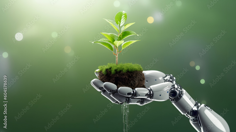 Environmental technology concept. Robot hand holding small plants with ...