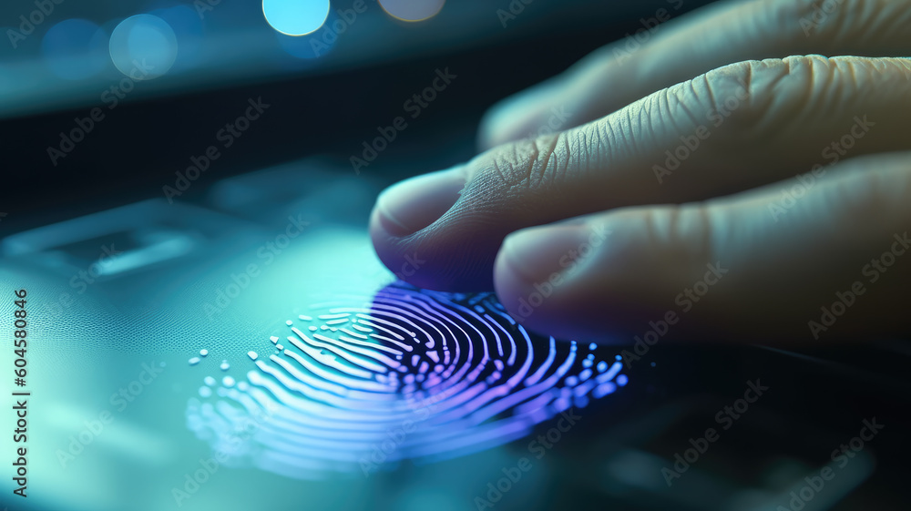Future security technology. Fingerprint scan provides security access with binary code on deep ...