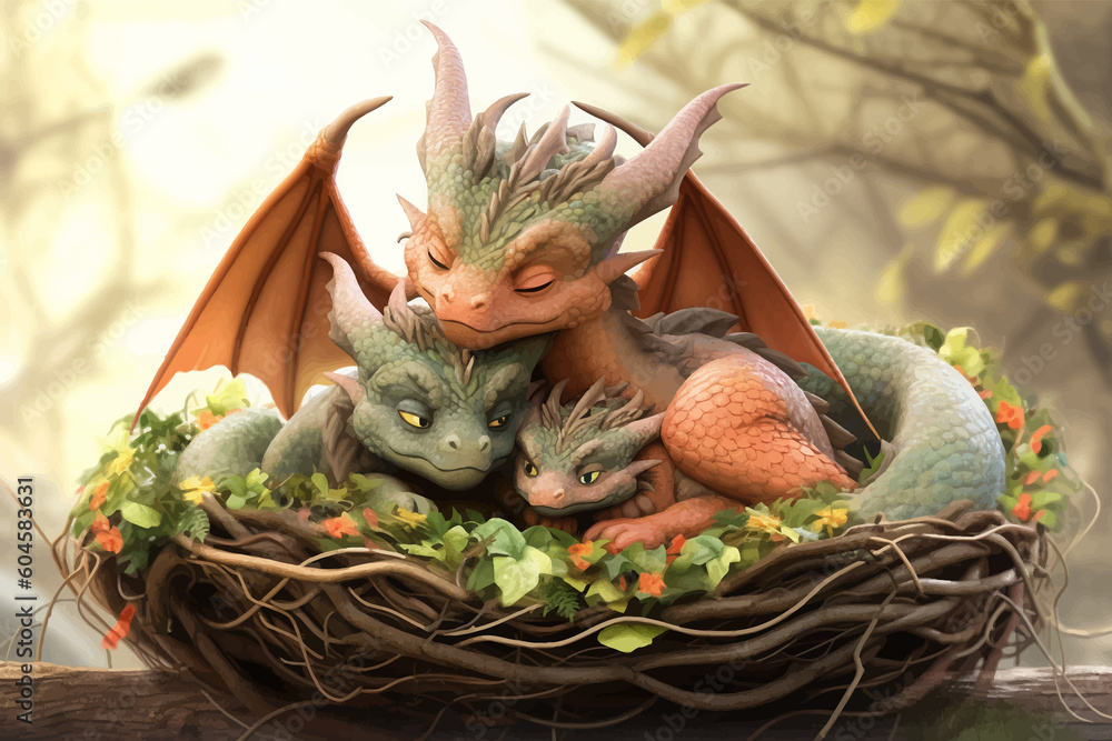 Dragon family is sleeping in a nest. Baby dragons and their parents in ...