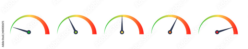Set of gradient speedometer vector icons. Speed scale. Slow, medium ...