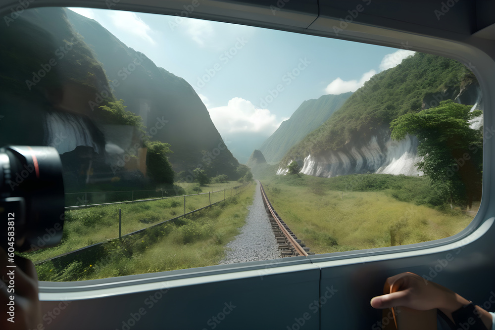 Scienic landscape view from the window of modern train. Travel and ...