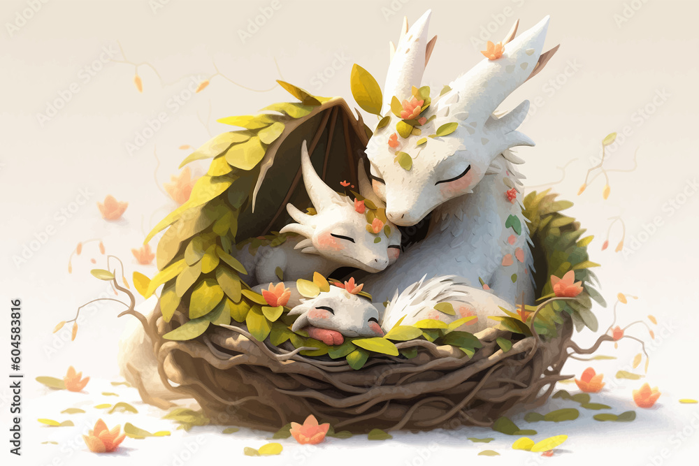 Dragon family is sleeping in a nest. Baby dragons and their parents in ...