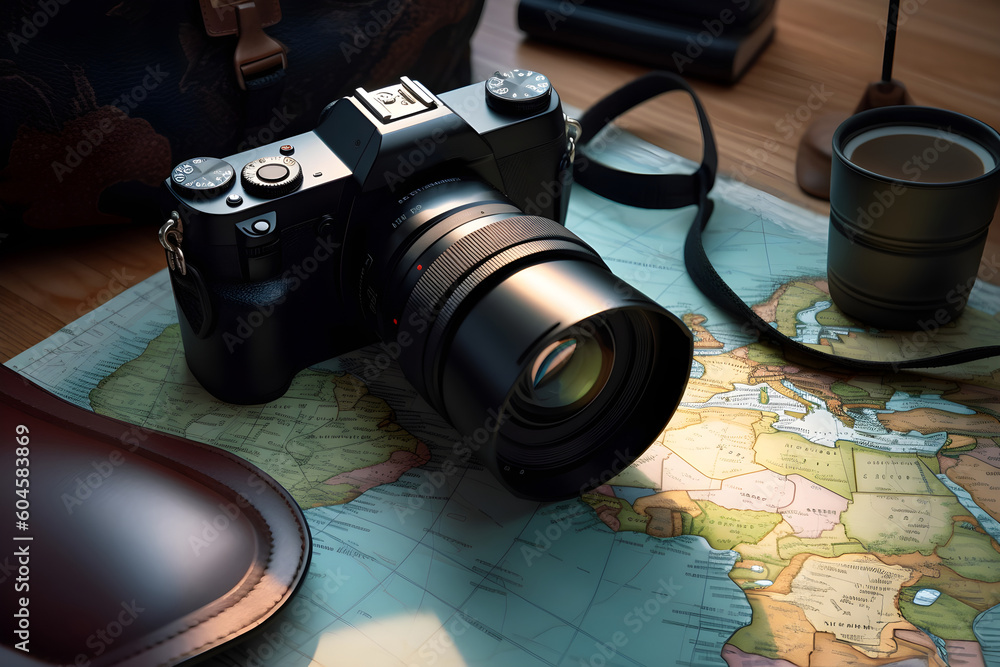 Overhead view of camera and accessories lying on the map. Traveling ...
