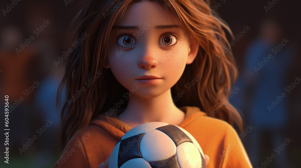 3d Cartoon Character In Pixar Style Cute Stunning Girl Soccer Player With Ball Ai Generative