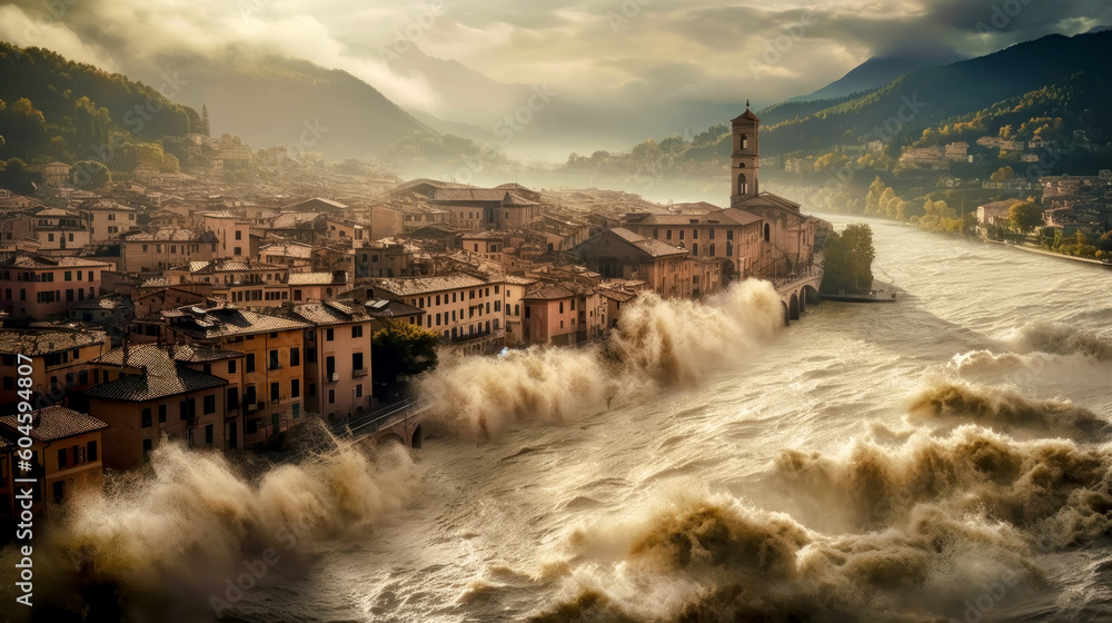 Climate Change Floods River Courses Overflow their Banks and Flood a ...