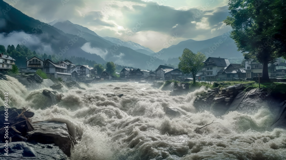 Climate Change Floods River Courses Overflow their Banks and Flood a ...
