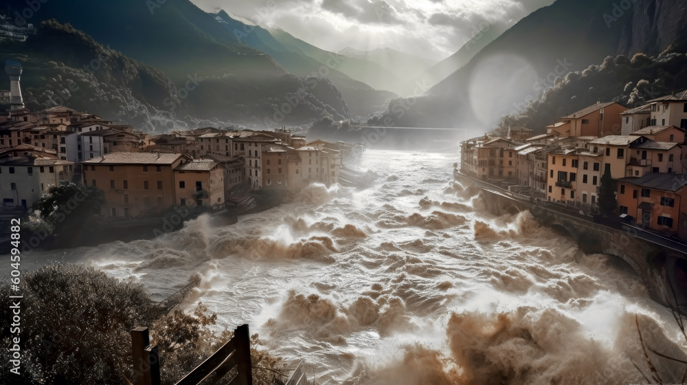 Climate Change Floods River Courses Overflow their Banks and Flood a ...