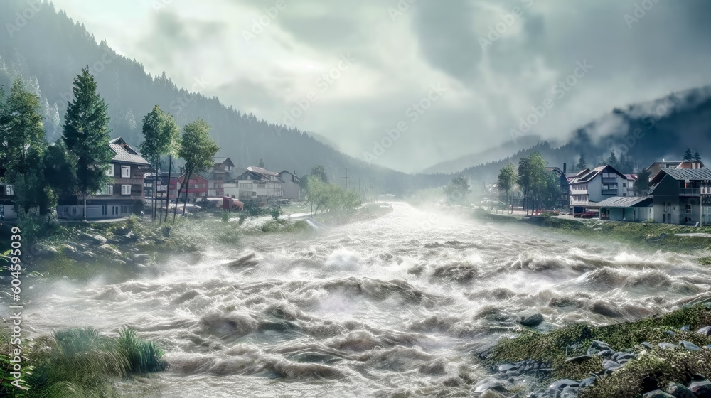 Climate Change Floods River Courses Overflow their Banks and Flood a ...