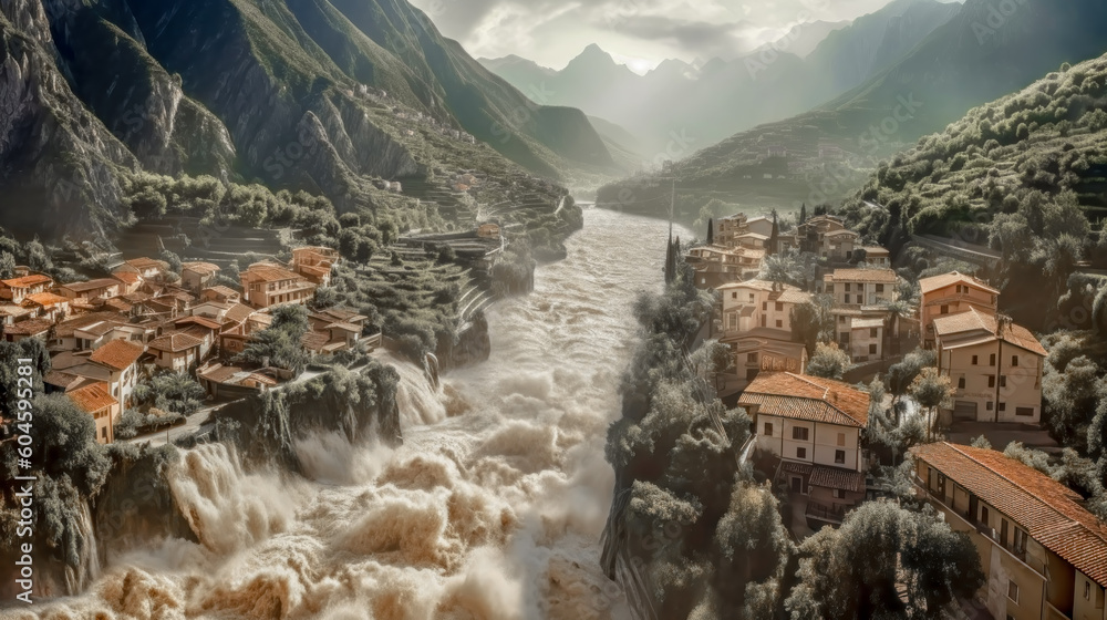 Climate Change Floods River Courses Overflow their Banks and Flood a ...