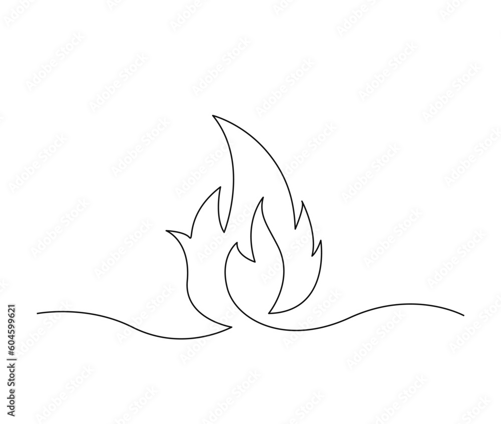 Continuous one line drawing of flame. Fire flame single line art vector ...