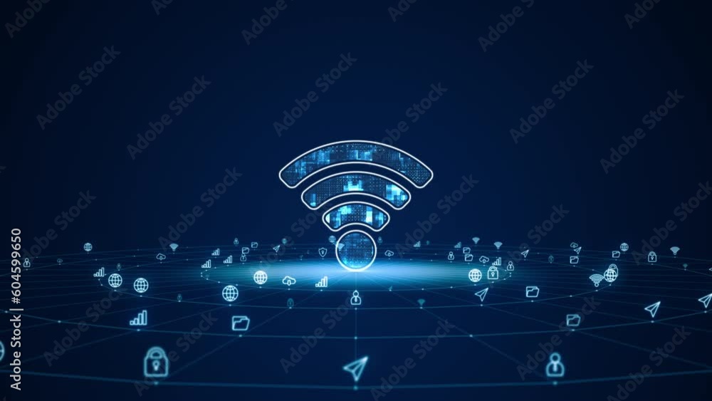 Motion graphic of Blue digital WIFI logo with futuristic technology ai ...
