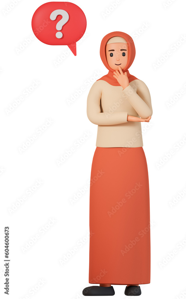 3D illustration of thinking young muslim woman in hijab and question ...