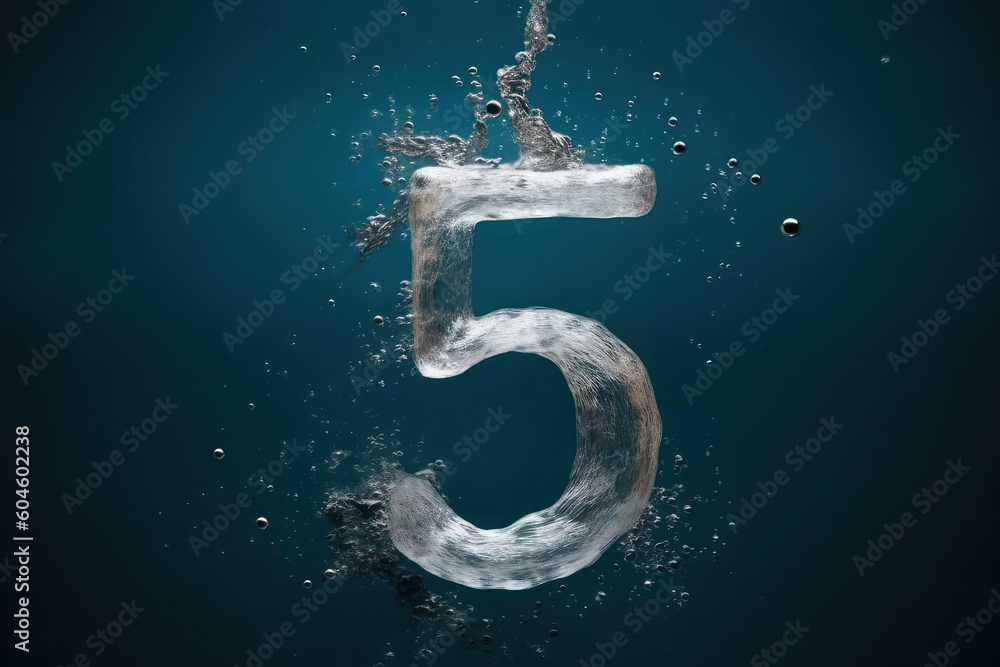 Number five made with a splash of water on a black background. symbol ...
